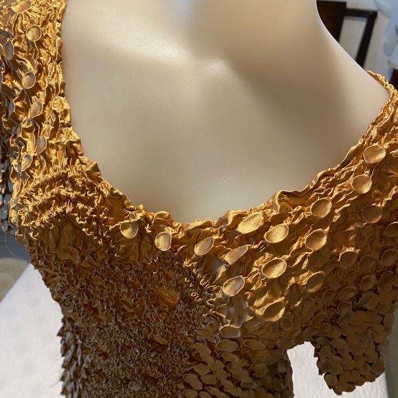 Tops | Gold Popcorn Satin Pullover Short Sleeves Stretch Top | Poshmark